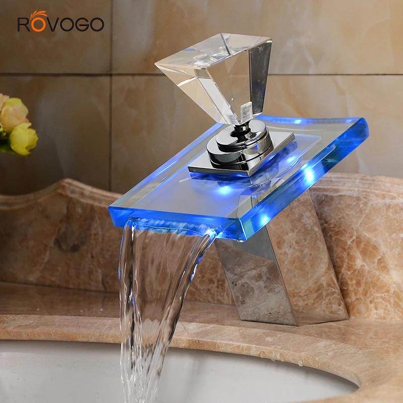 Led Light Basin Faucet Waterfall Taps, 3 Colors Change Single Hole Deck ...