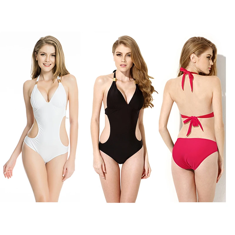 Bañador de una pieza para mujer, traje de baño liso con cuello Halter, Sexy, sin aros, a la moda ...