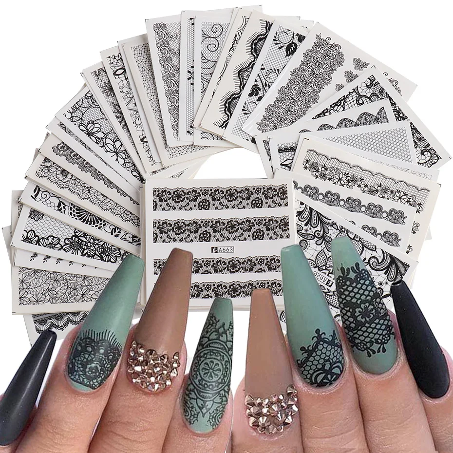 24pcs-Lace-Nail-Stickers-Set-Water-Decals-Black-White-Elegant-Mix ...