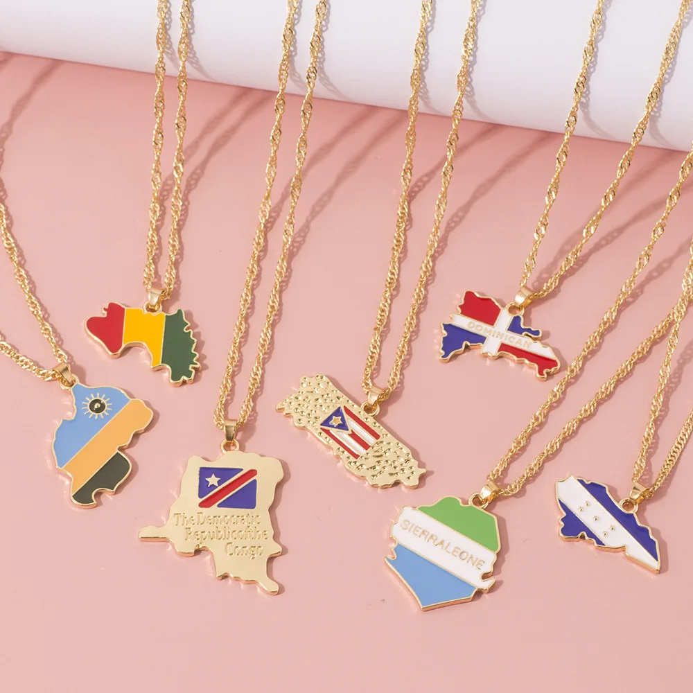 New Fashion Country Map Flag Necklace for Woman Man Liberia Haiti ...