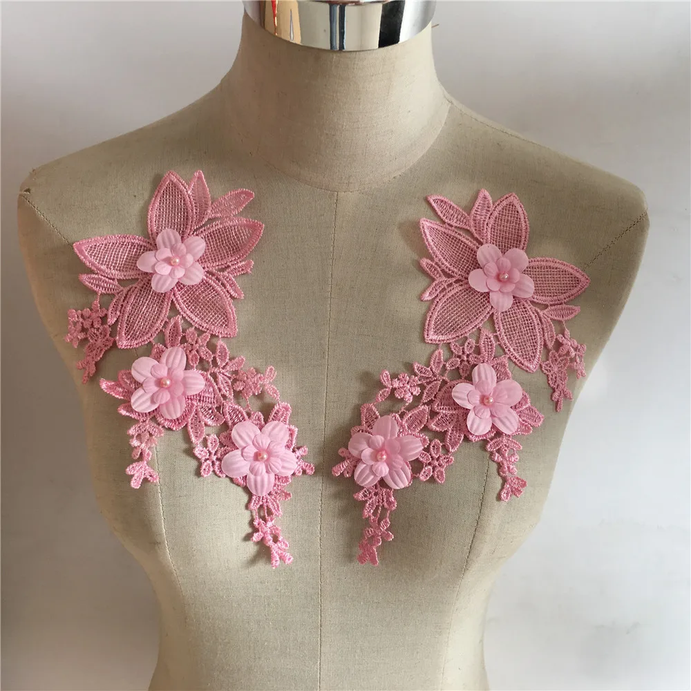 New-style-pink-Floral-Applique-pearl-Decorated-DIY-Lace-Collar-Fabric ...