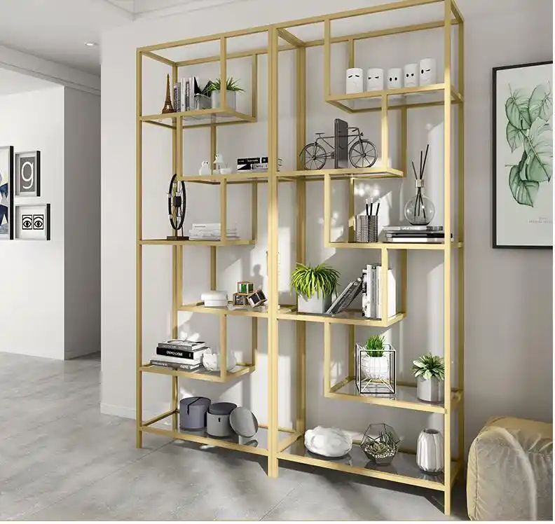 Nordic golden bookshelf wrought iron racks floor modern simple creative ...