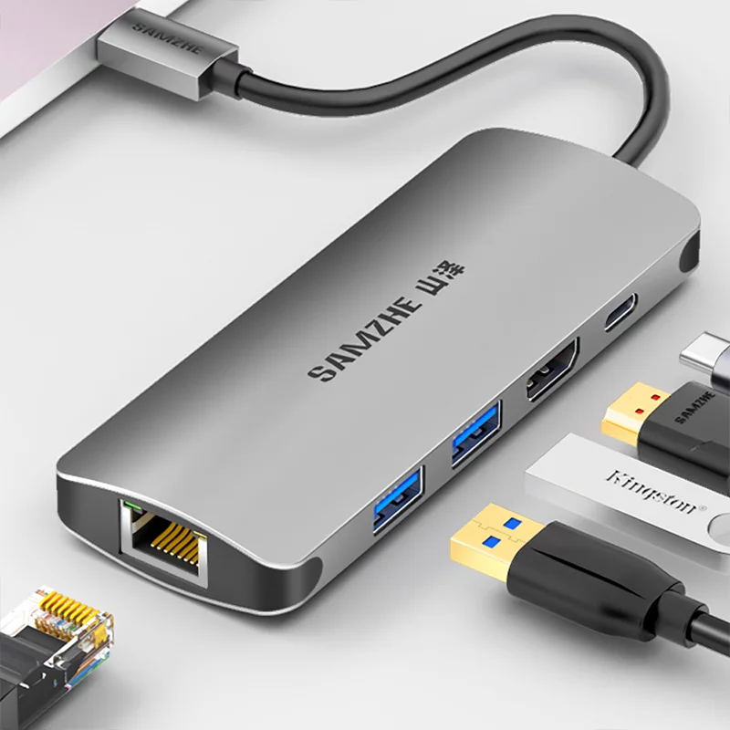 SAMZHE HUB USB tipo C a HDMI, adaptador de lector de tarjetas RJ45 ...