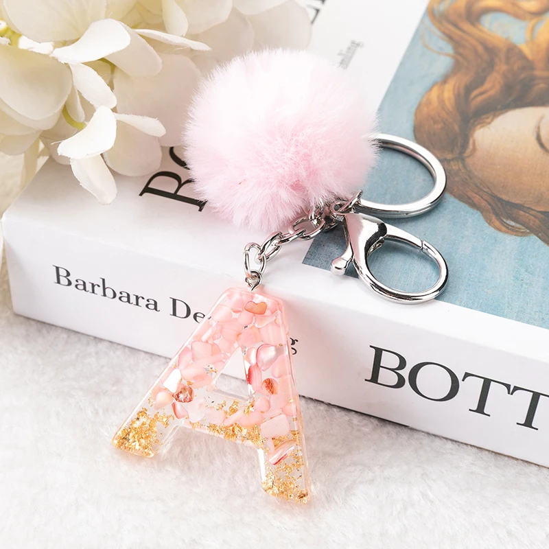 1pc Pink Pompom Letter Keychain English Alphabet Keyring With Puffer ...