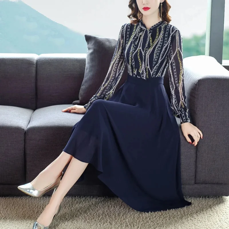패치 워크 프린트 쉬폰 드레스 여성 캐주얼 슬림 허리 긴 소매 A라인 드레스 여성 봄 빈티지 중간 길이 파티 드레스