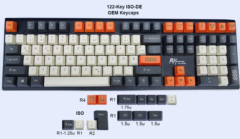 122 key German Layout Keycaps European Type ANSI ISO DE OEM Profile PBT ...