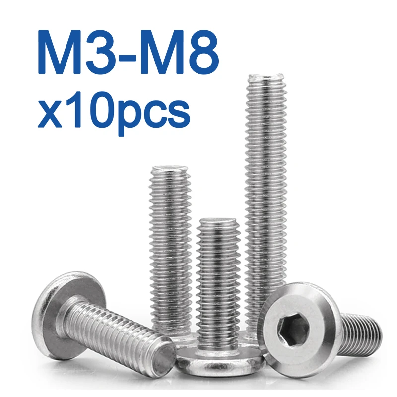 10pcs/lot 304 Stainless Steel Large Flat Hex Hexagon Socket Head Allen Screw M3 M4 M5 M6 M8 ...