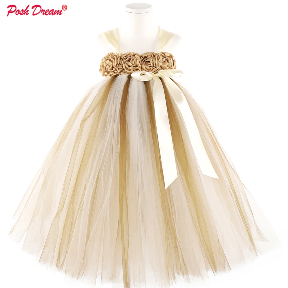 POSH DREAM Ivory Flower Girl Dress Gold Champagne Flower Girl Tutu ...