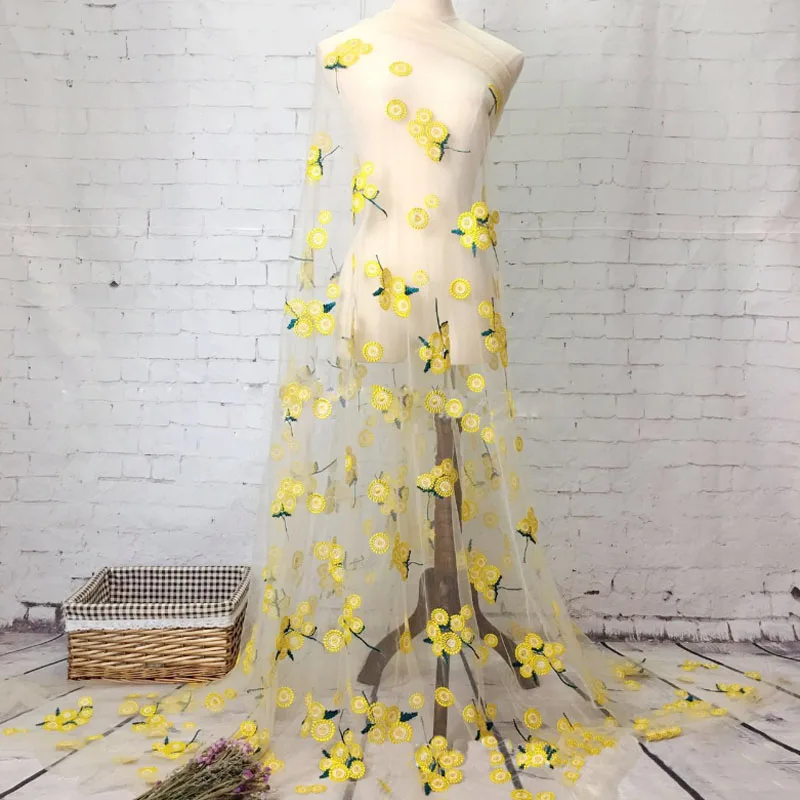 3 Yards White Translucent Soft Embroidery Flower Mesh Lace Fabric Tulle ...