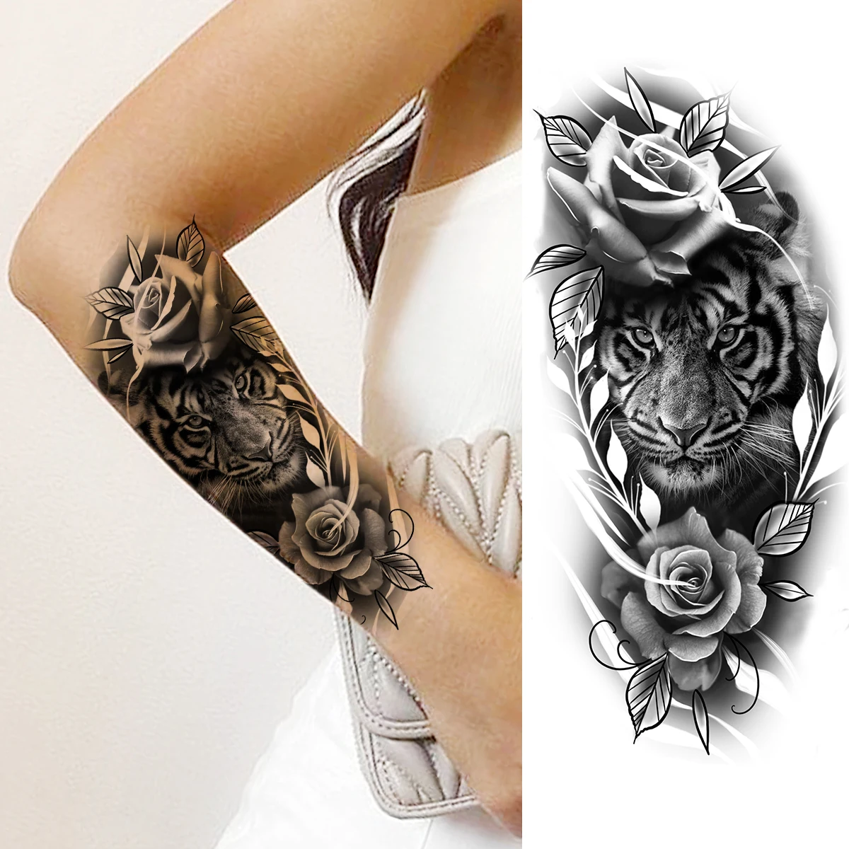 Marker Art & Collectibles Wooden hand with tiger and rose tattoo design ...