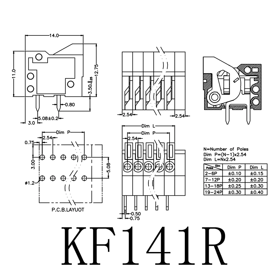 KF141R-2Pin -Connecteurs PCB pied droit-coudé KF141R KF141V,pas de 2 ...