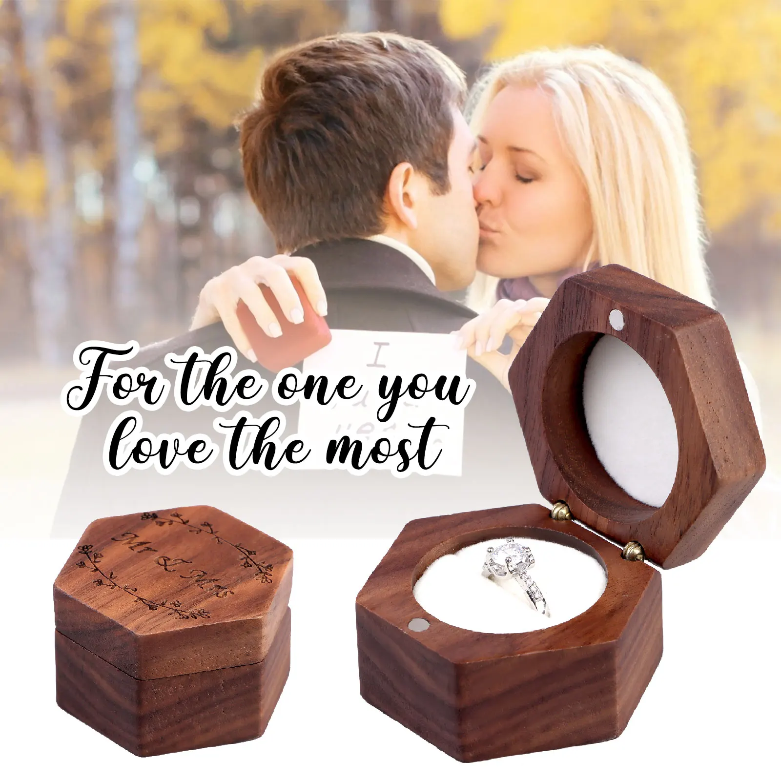 Anillo de boda marrón Mr & Mrs, caja octogonal con cajas de Base gruesa ...