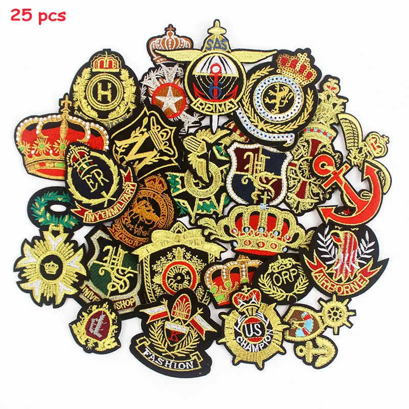 25pcs Golden Thread Crown Cloth Patches Army Badges Iron on Appliques ...
