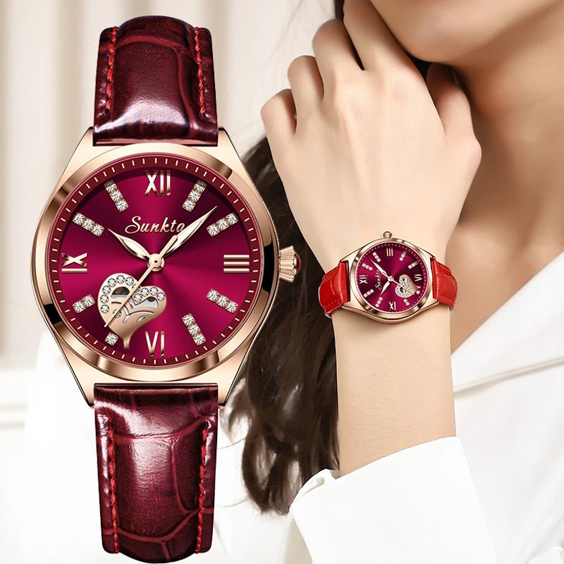 Sunkta New Rose Gold Wine Red Luxury Quartz Women Watch Waterproof ...