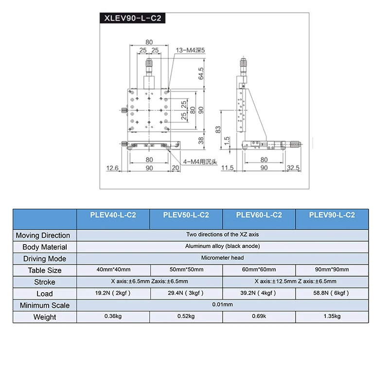 XZ Axis 90*90mm Vertical Lift Linear Platform Motion Manual Stage ...