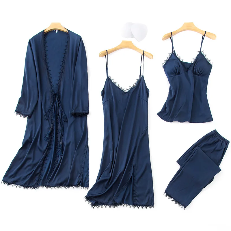 Satin INTIMATE LINGERIE Casual Home Clothing 4PCS Long Robe Set Women ...