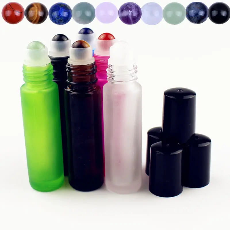 10pcs 10ml Frosted Glass Essential Oil Bottle with Natural Gemstone Roller Ball Empty Refillable ...