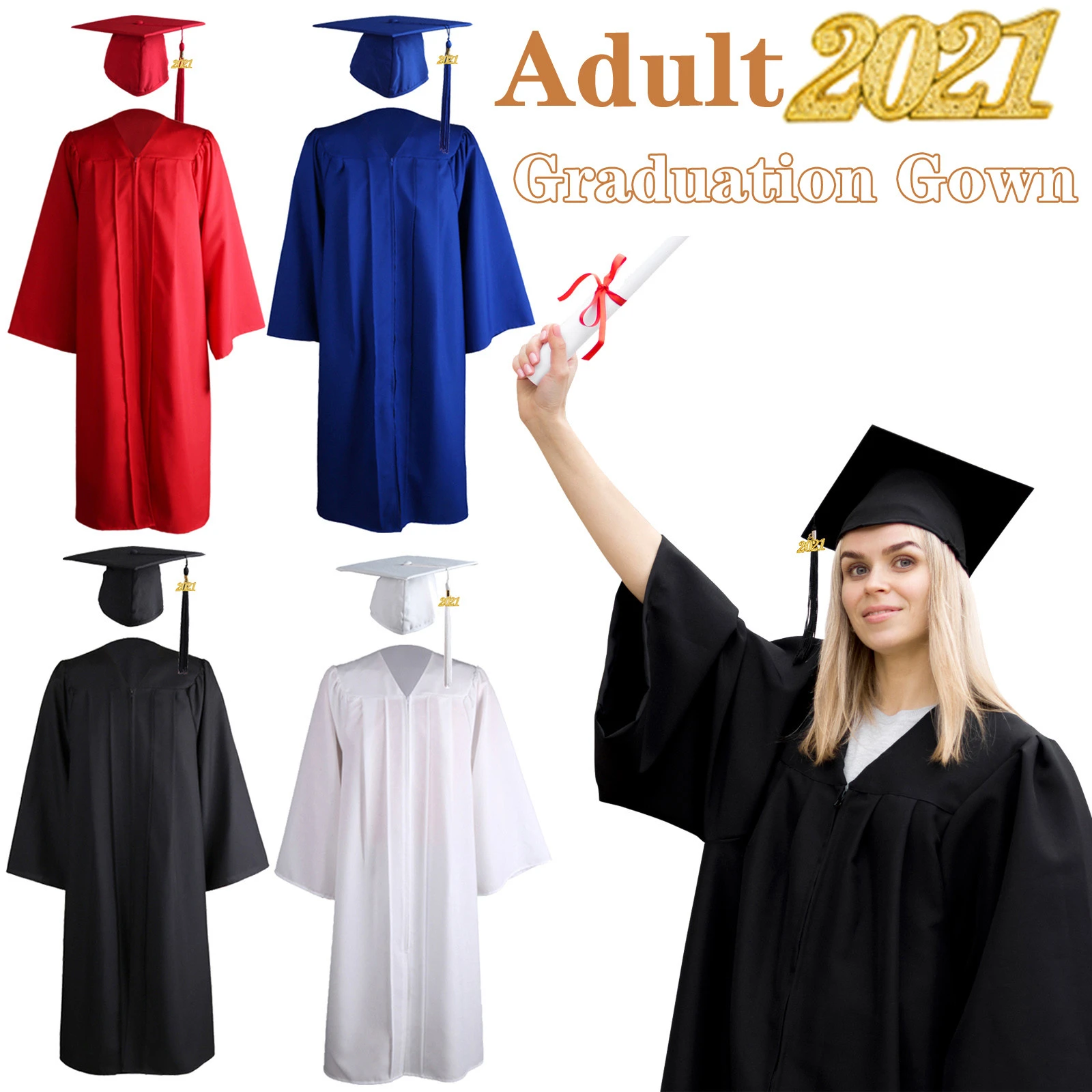 2022 Adult Graduation Gown Long Sleeve University Academic DresS Zip ...