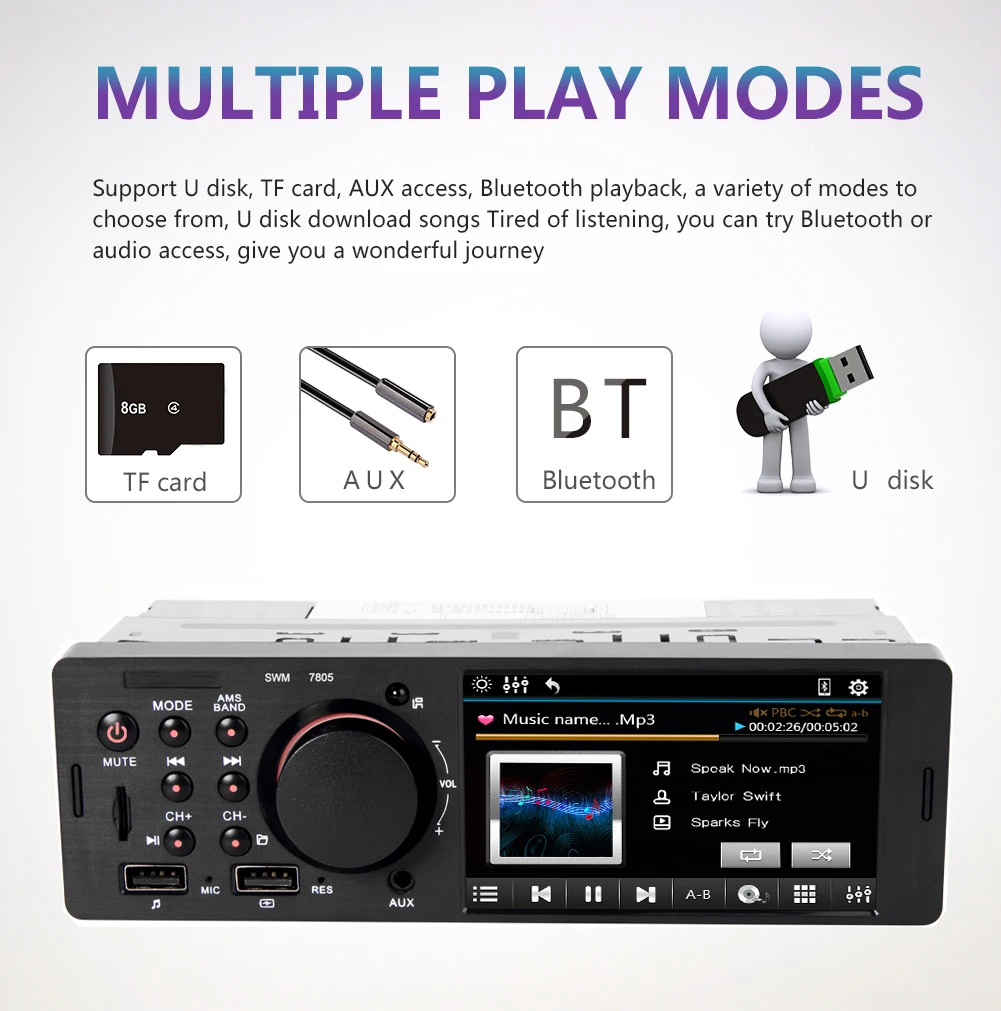 4.1 AutoradIo SWM-7805 Audio Stereo 12V 1Din Car Radio FM Bluetooth MP5 ...