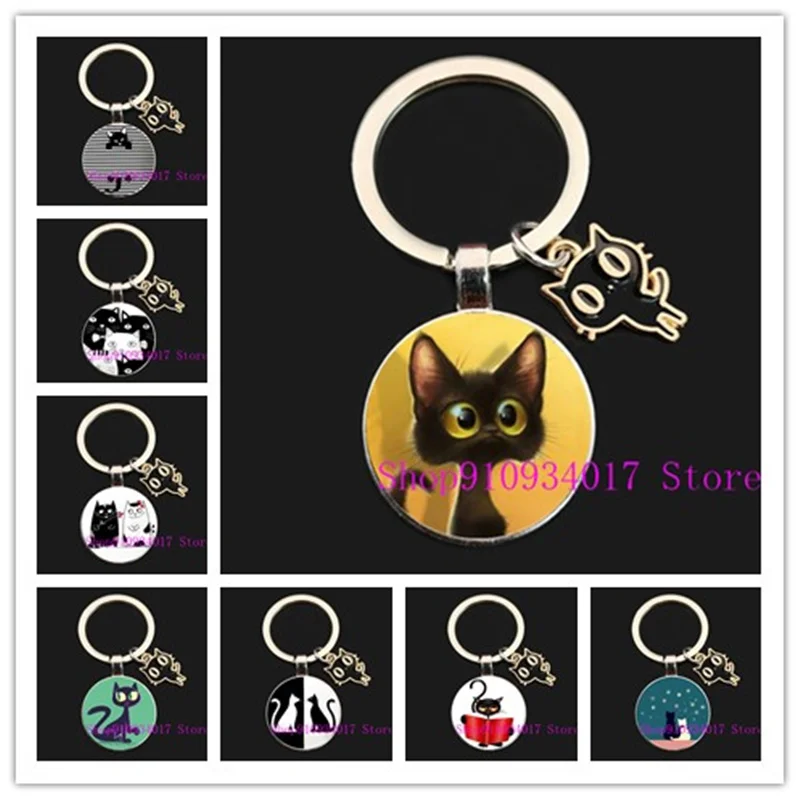 new-black-and-white-cat-round-glass-keychain-creative-handmade-black ...