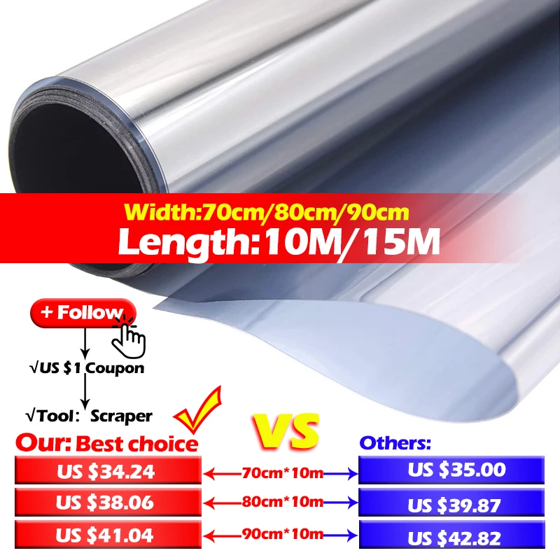 One-Way Mirror Window Film Vinyl Sun Blocking Heat Control Self-Adhesiv ...