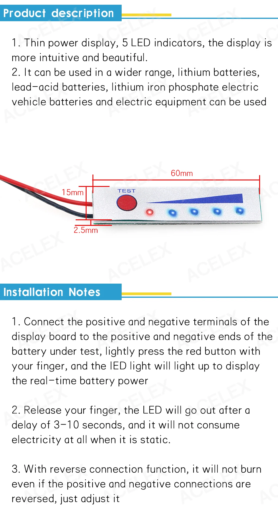 1 - Niveau de batterie au Lithium, indicateur testeur, écran LCD ...