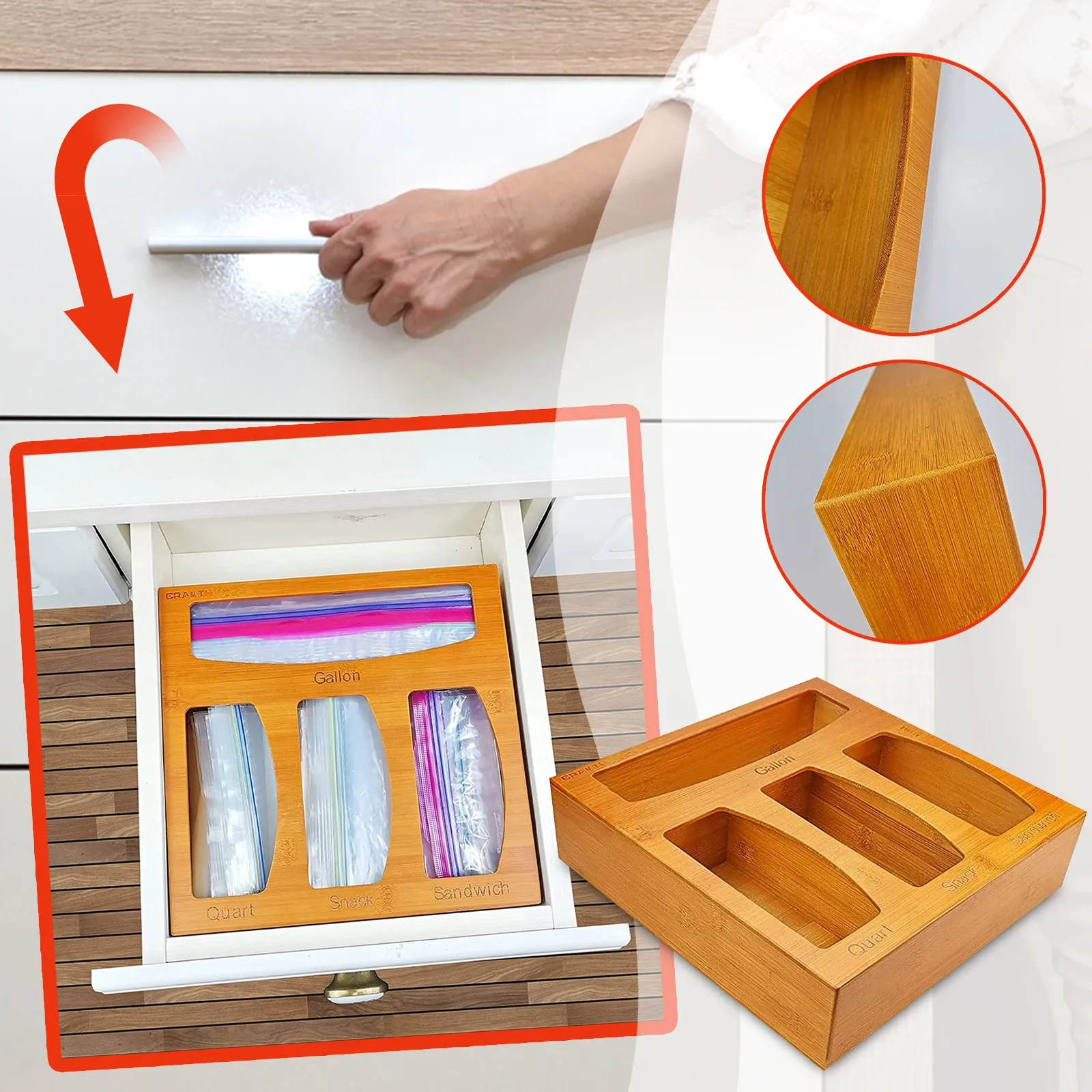 Bamboo Ziplock Bag Storage Organizer And Dispenser For Kitchen Drawer ...