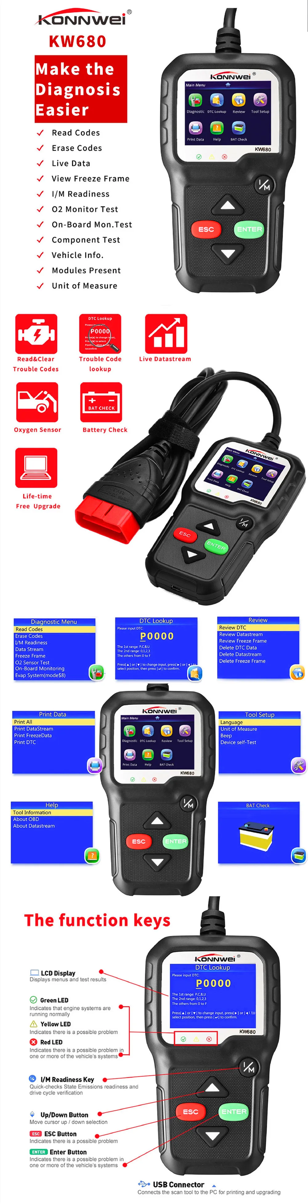 Konnwei KW680 Car Diagnostics Code Reader Tool Black » Gadget mou