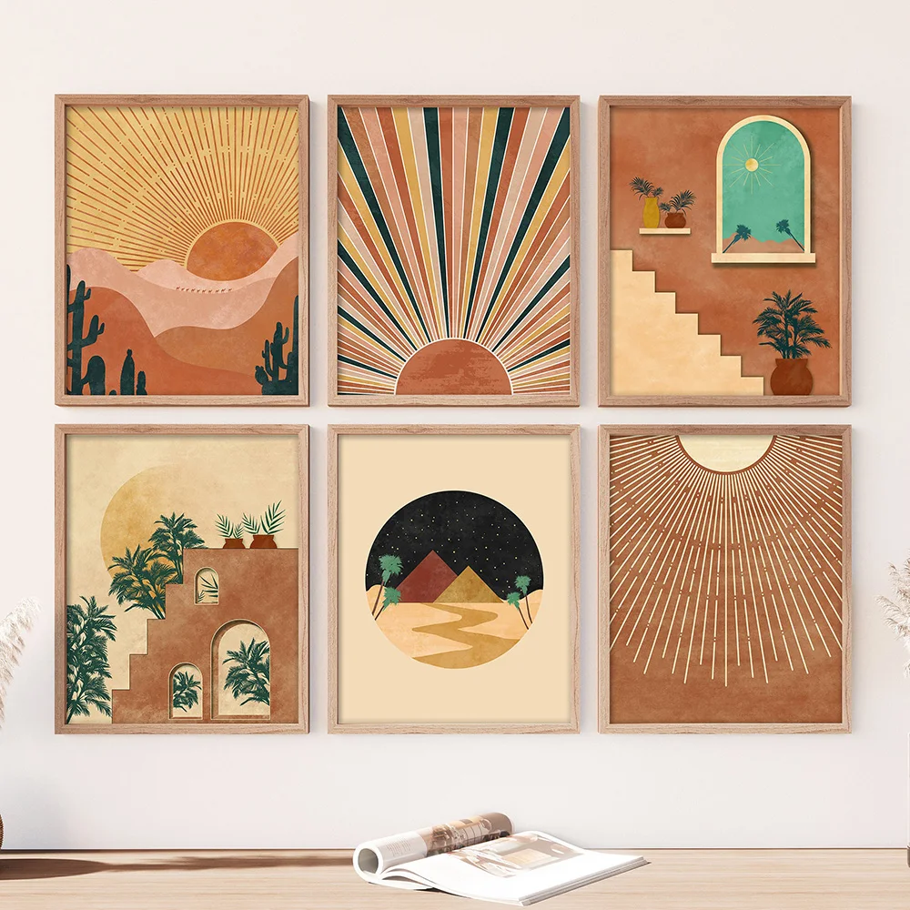 Boho-Landscape-Wall-Art-Pictures-Terracotta-Sunset-Hill-Desert-Abstract ...