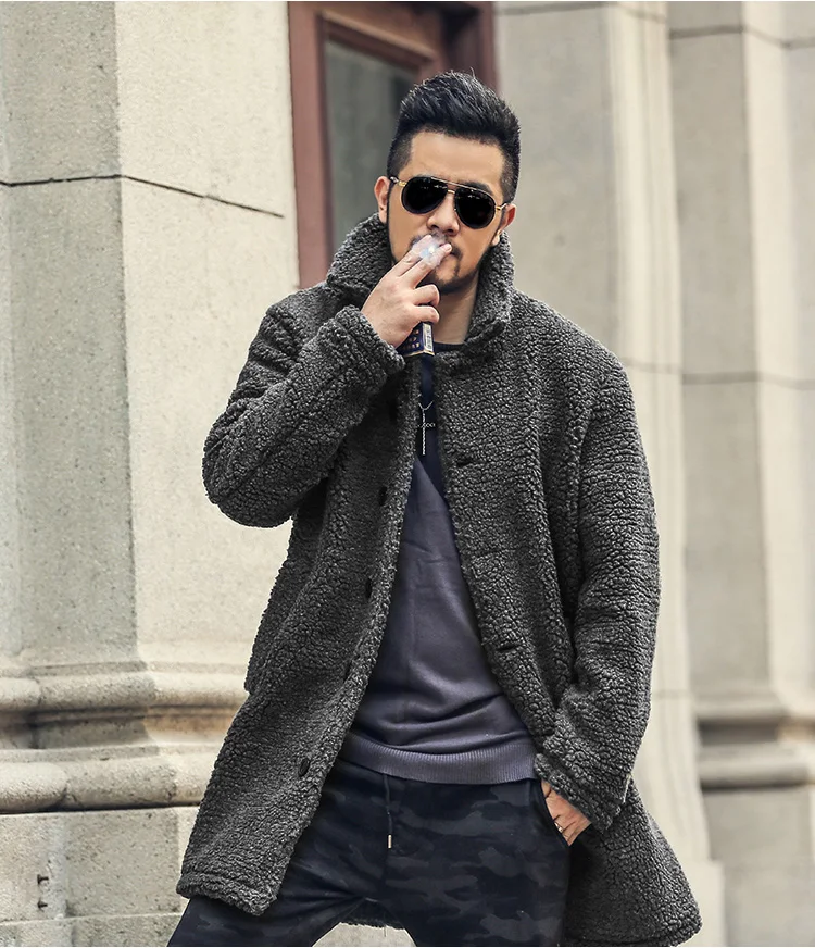 Grey Thickened Fleece Men's Long Edition Overcoat Warm Cotton Men's ...