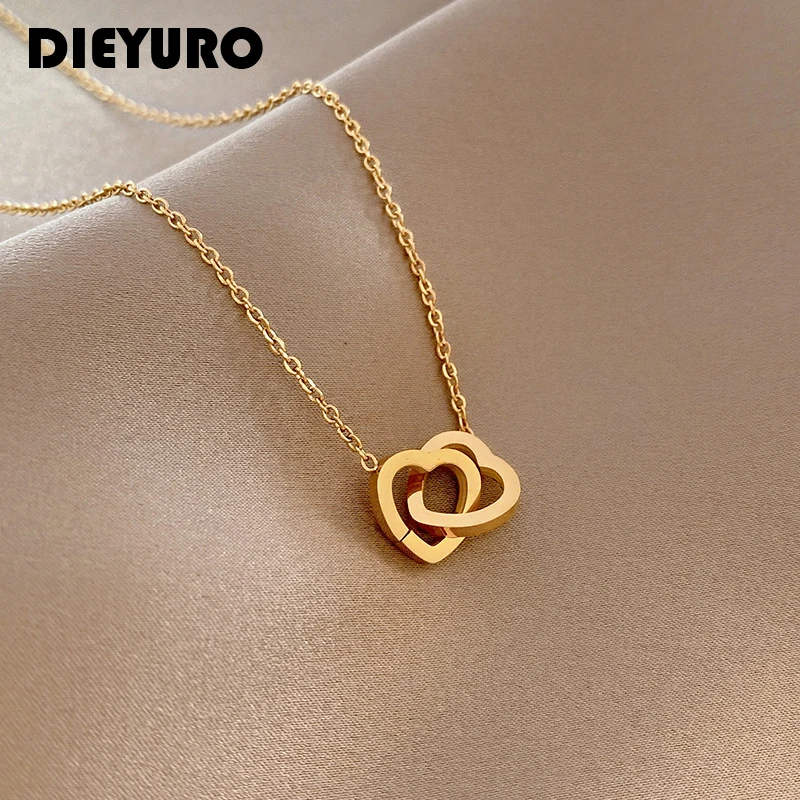 DIEYURO-Stainless-Steel-Hollow-Double-Love-Connecting-Pendant-Necklace ...