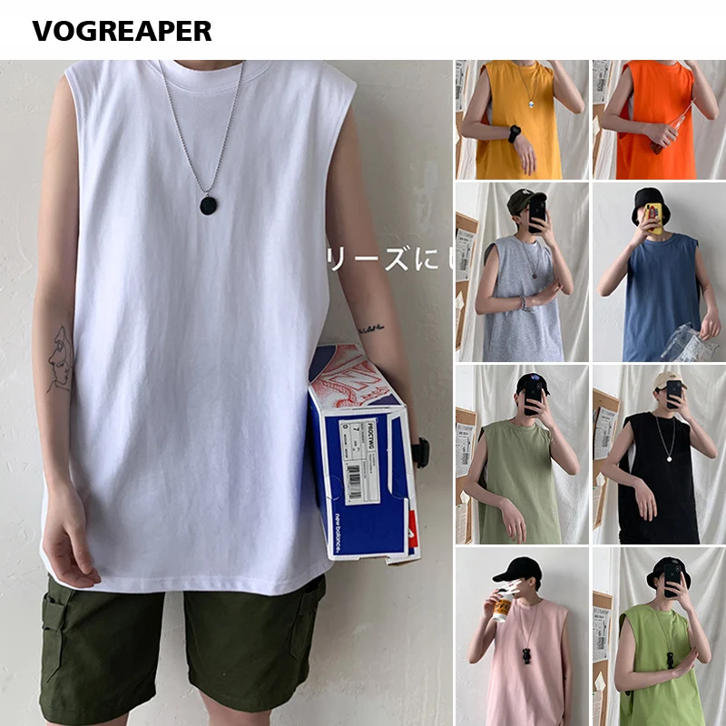 Camiseta sin mangas de algodón 100% para hombre, ropa de calle de verano, colores sólidos, suave ...