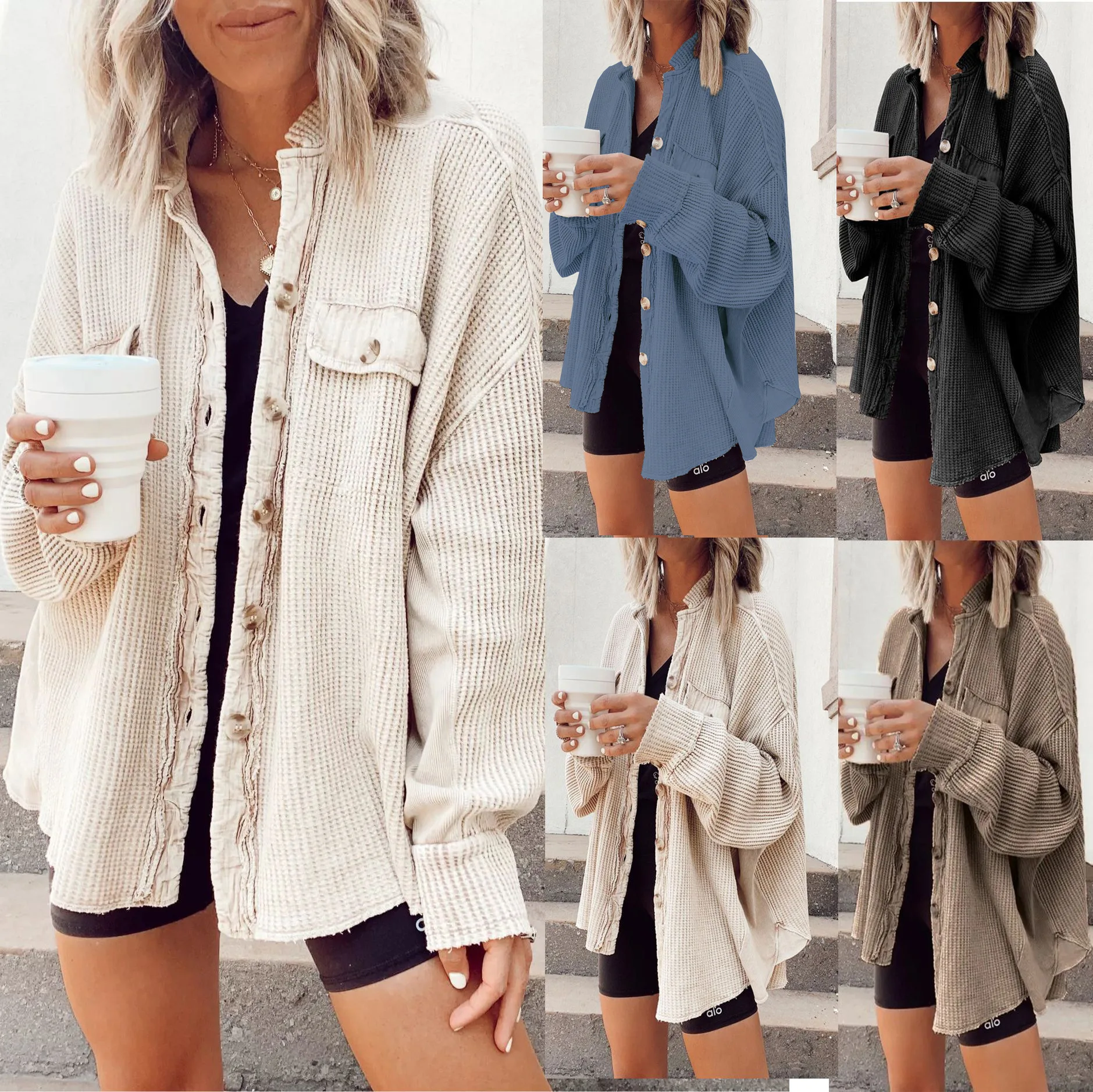 Womens Loose Fit Batwing Sleeve Waffle Button Down Shirt Casual And