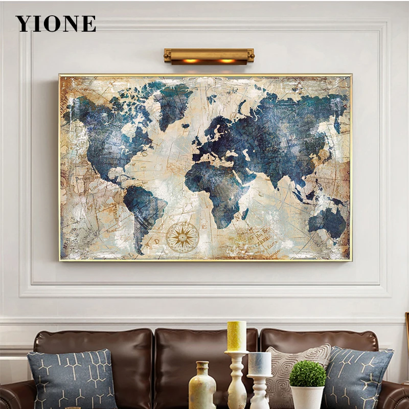 Pintura-en-lienzo-de-mapa-del-mundo-Vintage-arte-azul-dorado-cultura ...