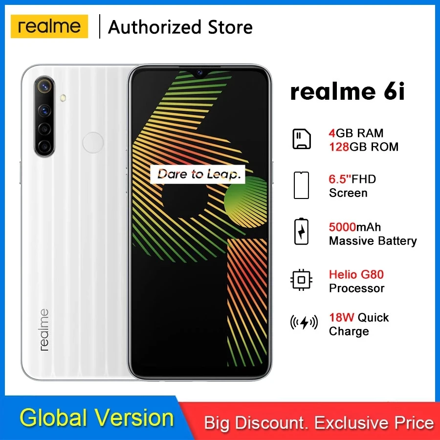 Realme için 6i RMX2040 NFC 6.5 "HD + küresel 4GB 128GB Smartphone 48MP ...