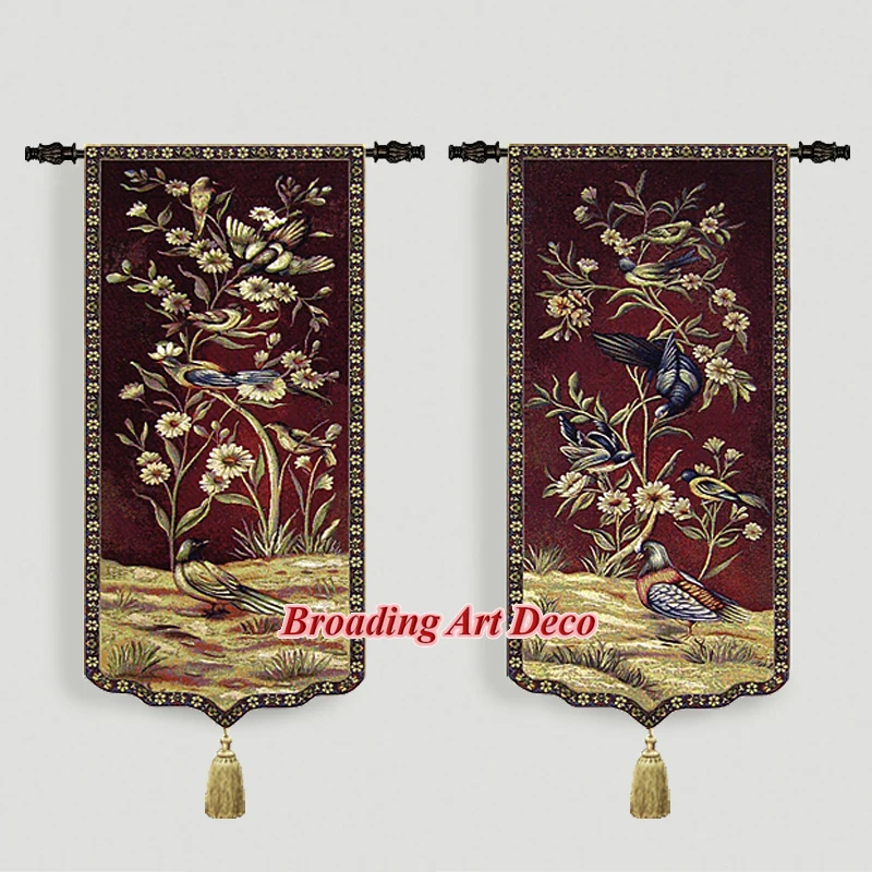 Pair of Flower & Birds Jacquard Weave Tapestry Wall Hanging Gobelin ...
