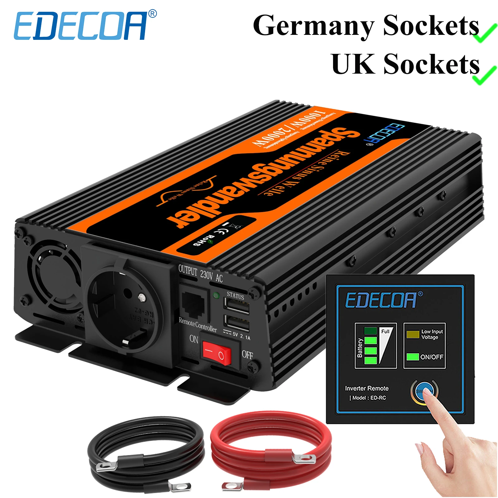Pure Sine Wave Inverter 1000w Edecoa Dc 12v To Ac 230v 240v Eu Uk Plug ...