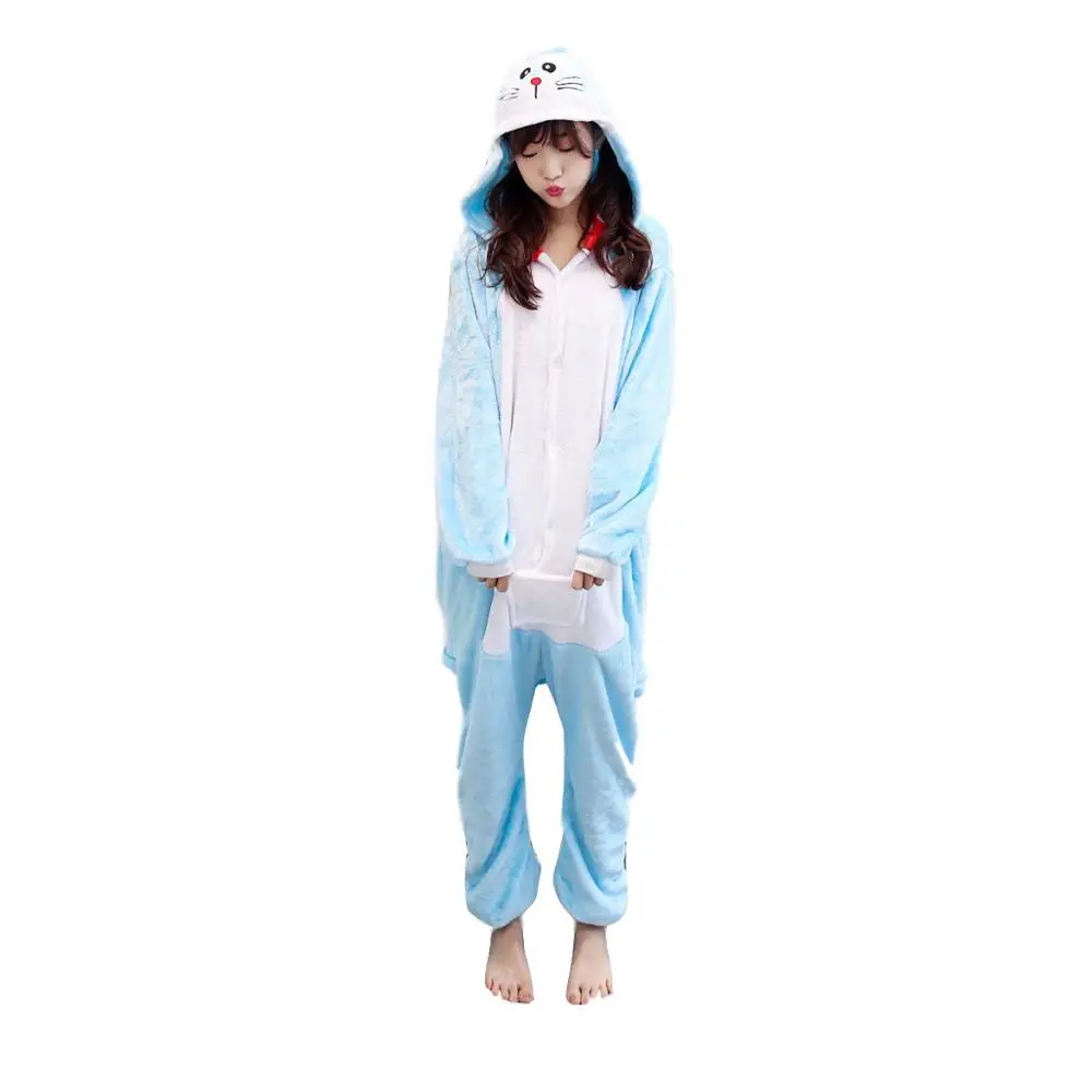 Kigurumi pyjama 도라에몽 성인 동물 만화 후드 Onesie 여성 남성 커플 2019 겨울 잠옷 정장 잠옷 플란넬 ...