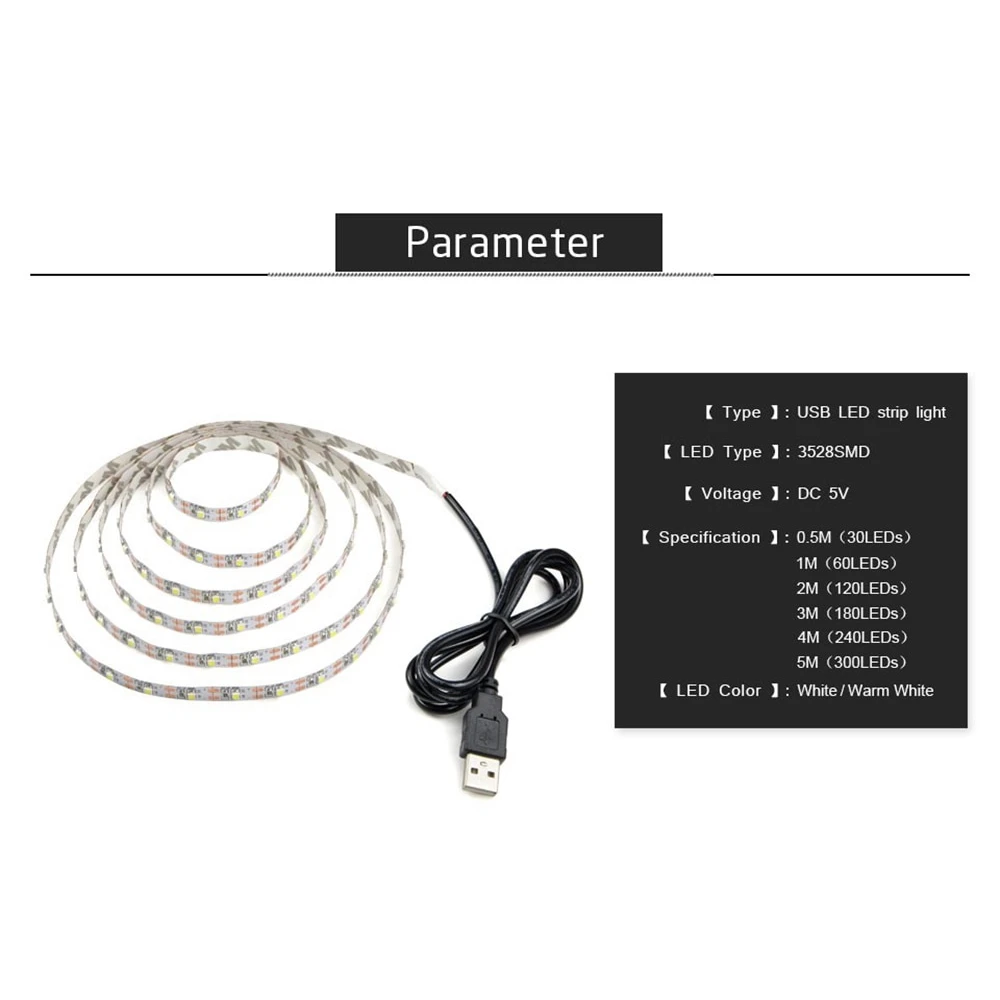 방 USB 스트립 TV 백라이트 네온 USB LED 조명, 2835 60LED/M, 따뜻한 흰색, 1M, 2M, 3M, 4M, 5M 홀리데이 라이트, DC 5V|LED ...