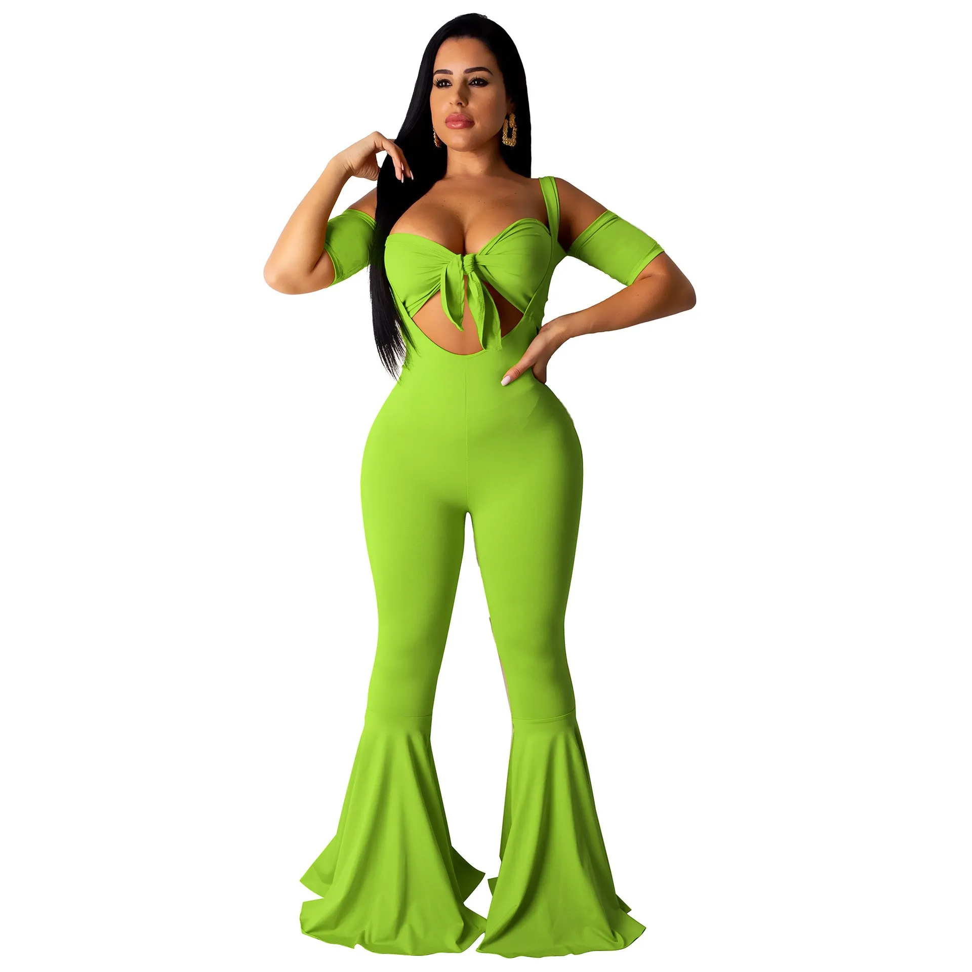 Neon Green Sexy Two Piece Set Women Tracksuit Bow Tie Crop Top And ...