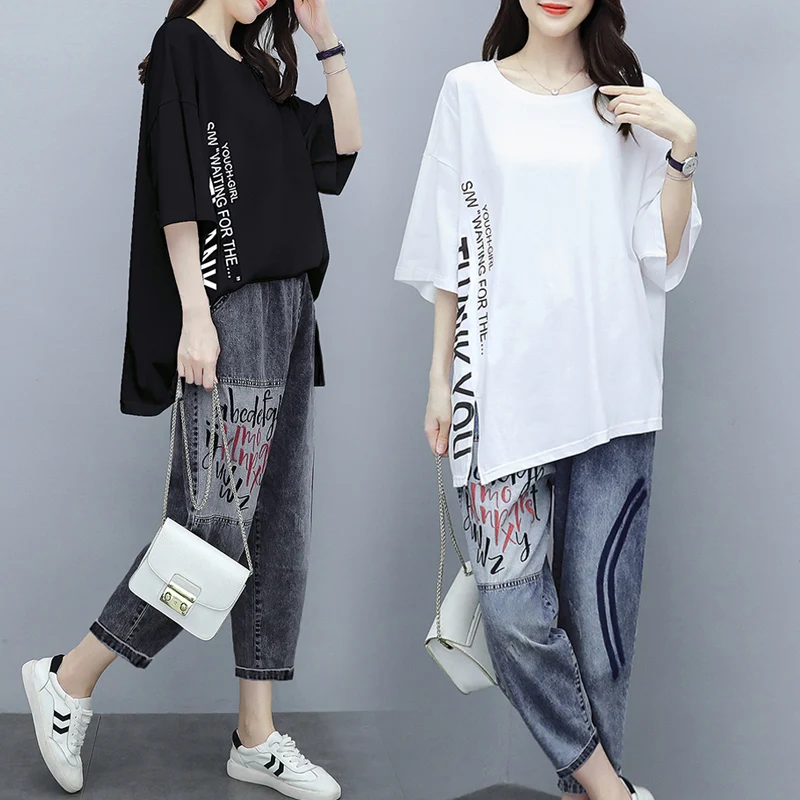 3xl 4xl 여성 투피스 데님 바지 세트 2021 여름 새로운 편지 탑 바지 Harlan 청바지 대형 패션 느슨한 정장바지