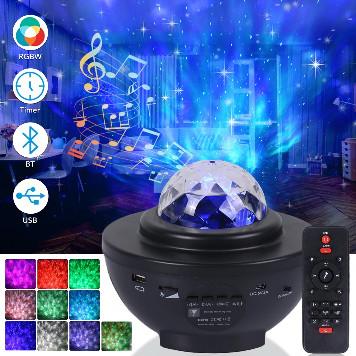 Zk50 Led Star Galaxy Projector Ocean Music Starry Water Wave Projector ...