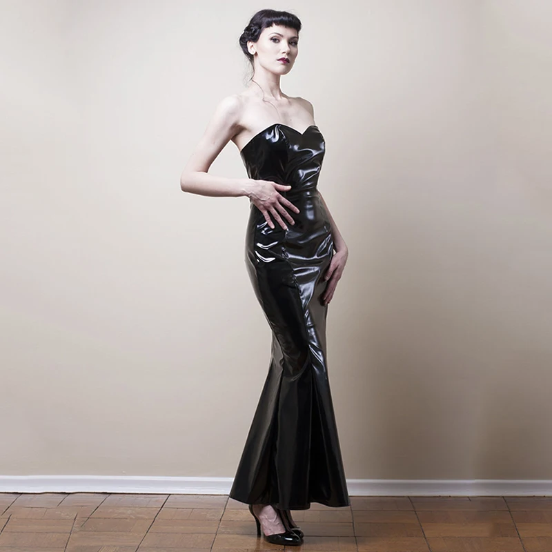 Strapless-Black-PVC-Mermaid-Dress-Women-Elegant-Faux-Latex-Leather-Long ...