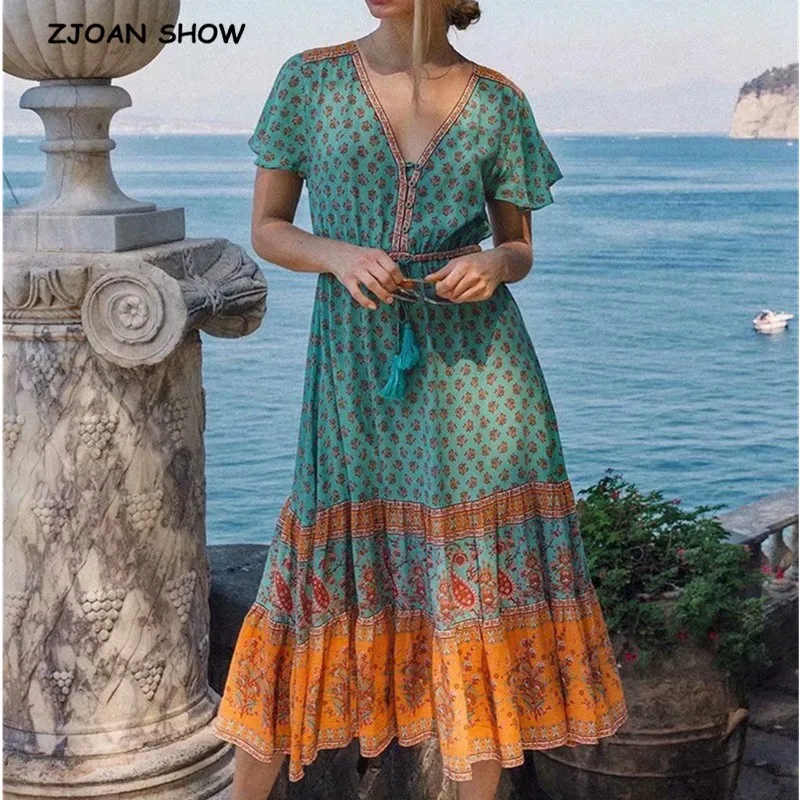 2020 Bohemian Open Buttons V Neck Floral Print Boho Dress Summer ...