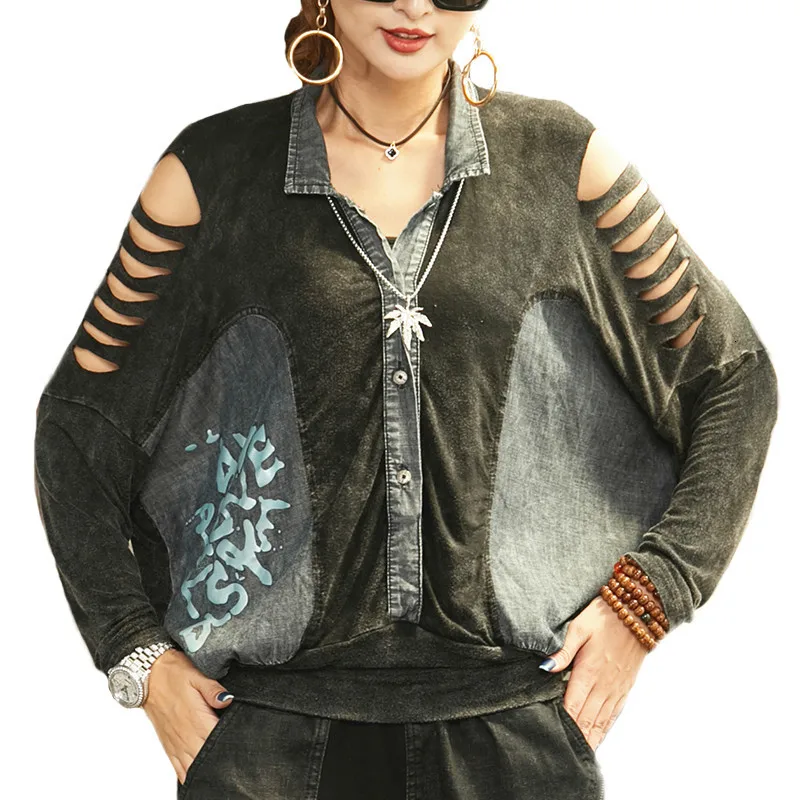 [EWQ] 2020 Spring New Batwing Sleeve Hole Hollow Hit Color Old Trend ...