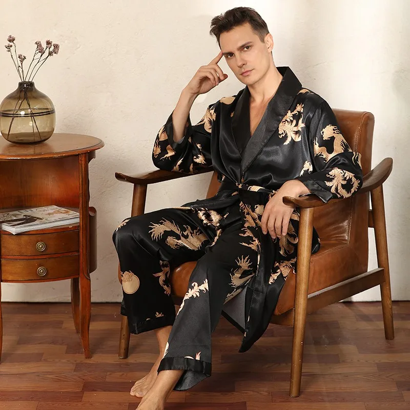 Male-Satin-Sleepwear-Robe-Pants-Dargon-Pajamas-Set-Print-Men-Nightwear ...