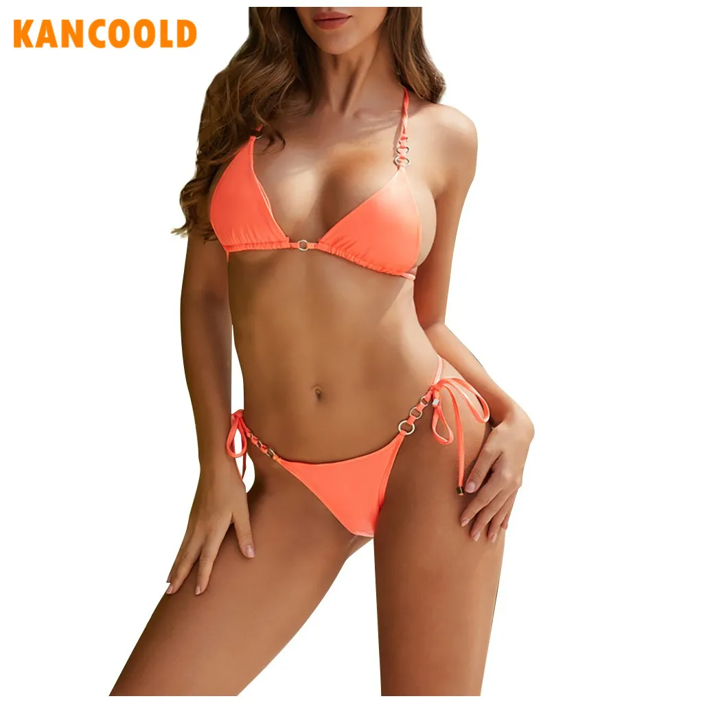 Kancoold Sexy Solid Color Backless Halter Bandage Swimwear Women Bikini