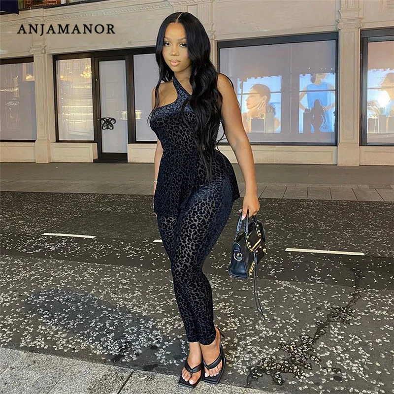 Anjamanor Sexy Mesh Flocking Leopard Print Black Jumpsuits One Shoulder