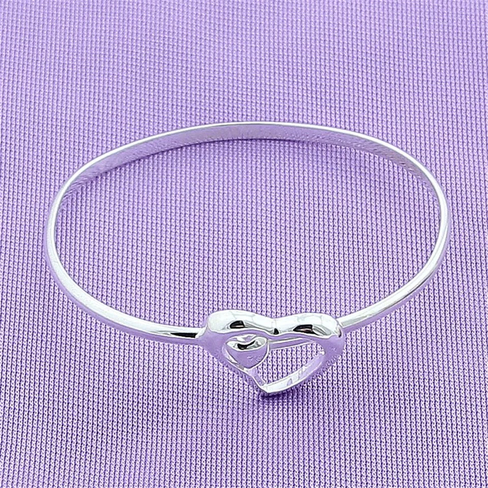 925-Sterling-Silver-Heart-Bangle-For-Women-Fashion-Wedding-Engagement ...