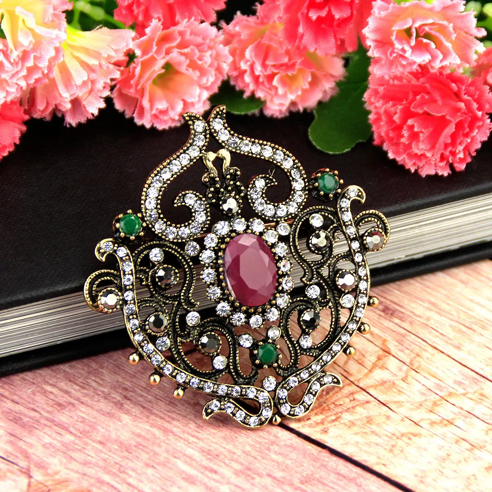 Sunspicems Vintage Turkish Crystal Brooch Pin for Women Hijab Lapel ...